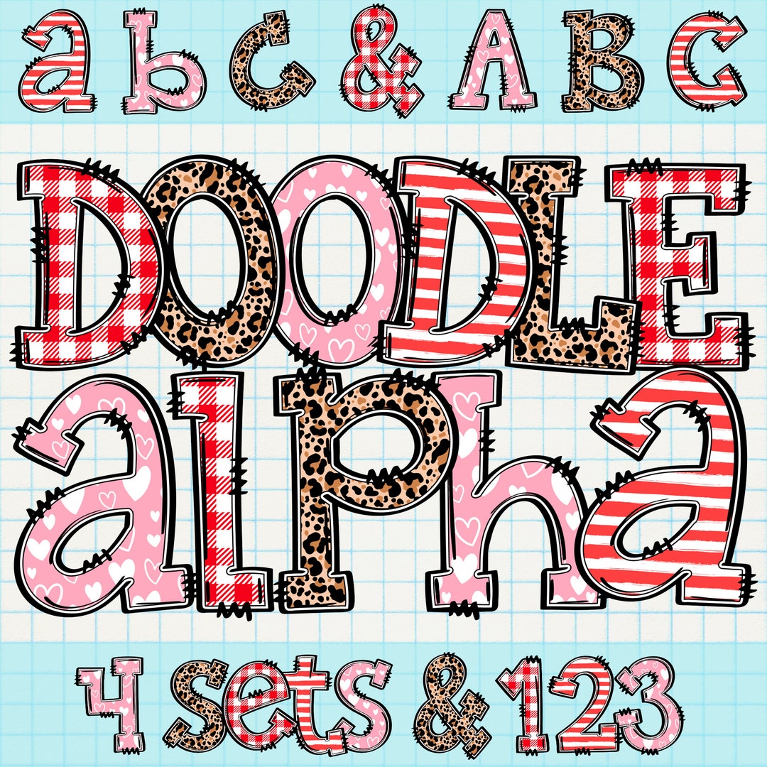 Valentine Alphabet PNG 4 Pack Bundle, Full Sets of Doodle Letters ...