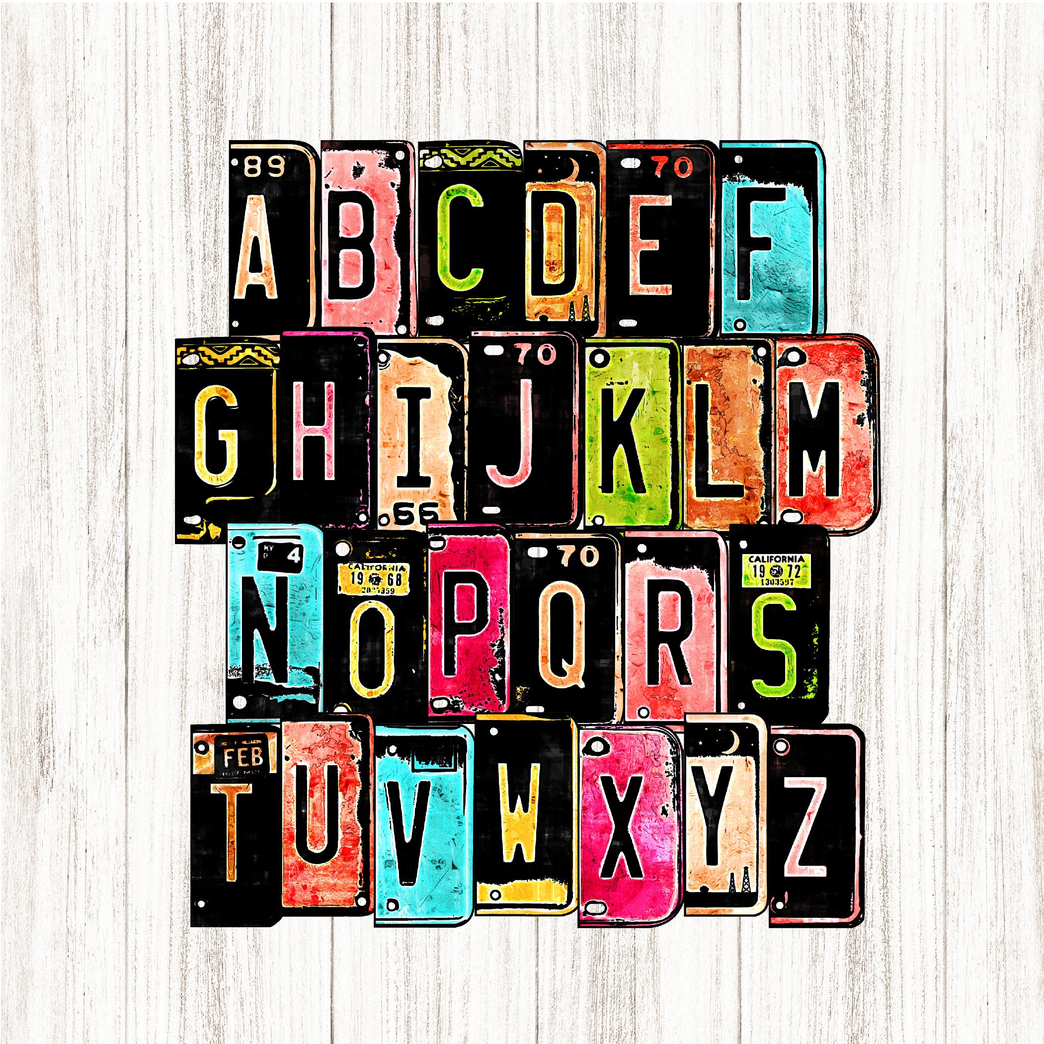 License Plate Alphabet, Fall Boho Color Mix Match Alpha, Grunge Clipart ...