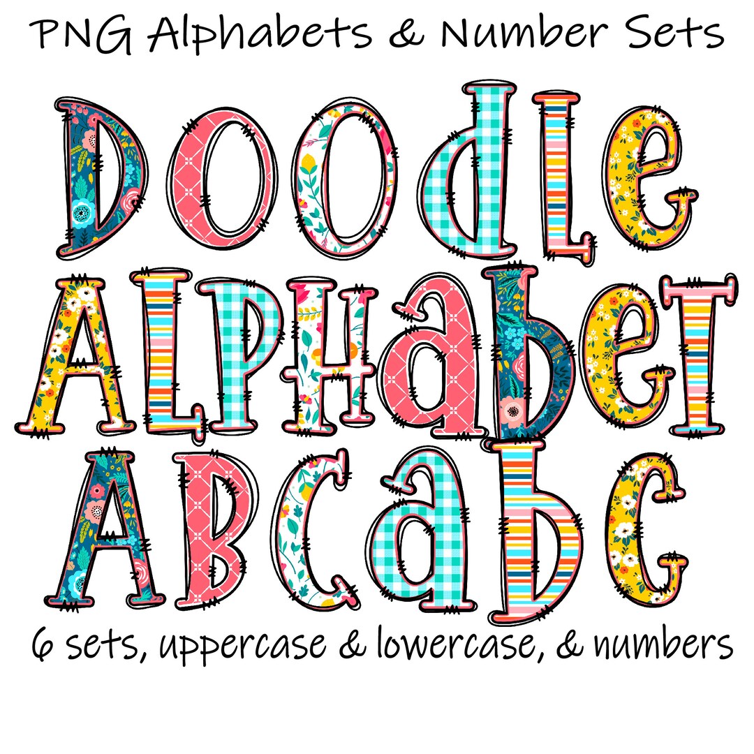 Floral Doodle Pattern Alphabet, Multi Bundle, Retro Vintage Cute Sets ...