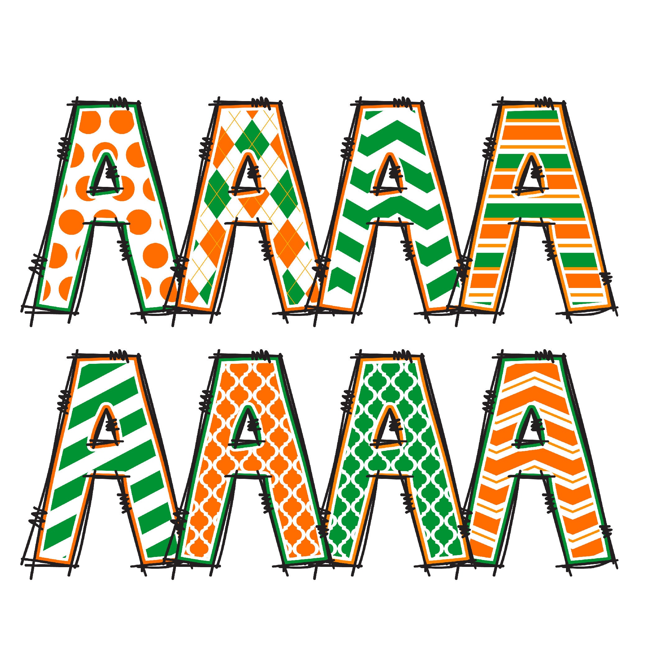 March Alphabet, 8 Set Bundle, Doodle Letters, Green & Orange Pattern ...