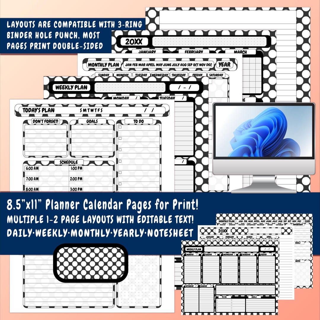 Calendar Pack - Editable Daily | Weekly | Monthly | Yearly | Black and ...