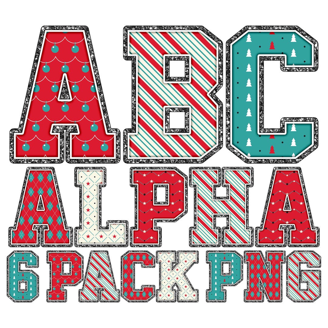 Christmas Alpha Pack, 6 PNG Letter Sets in Christmas Patterns, Red and ...