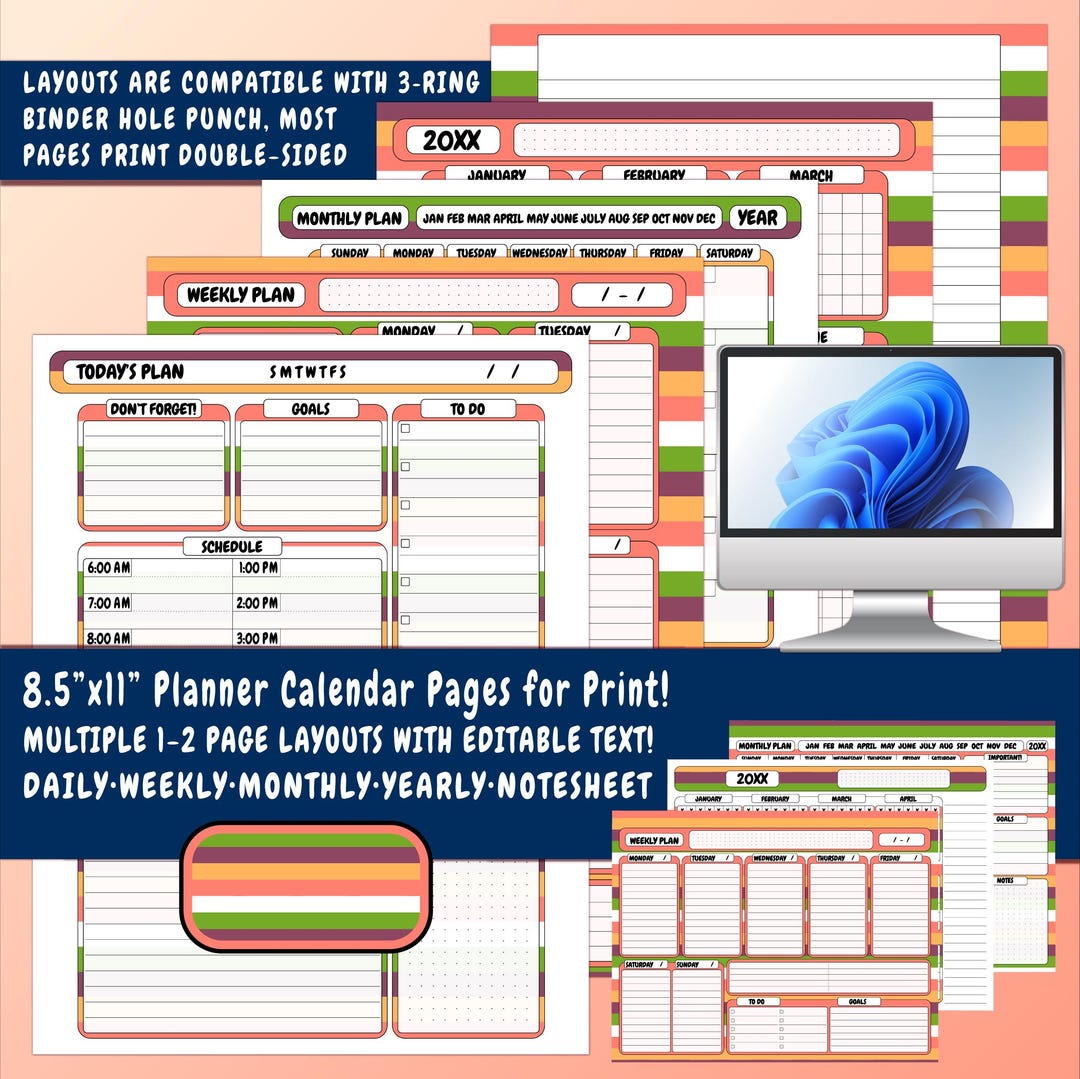 Calendar Pack - Editable Daily | Weekly | Monthly | Yearly | Stripes ...