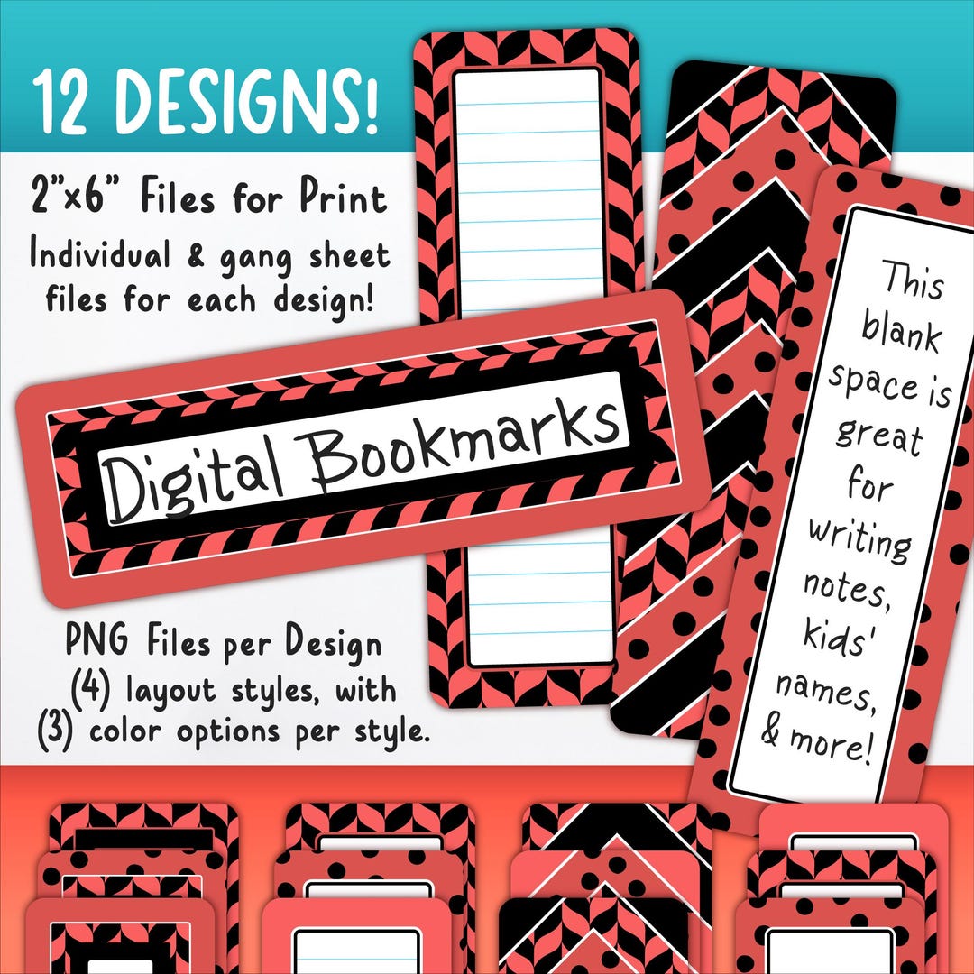 Digital Bookmarks (printable), Clipart Bundle Set of 12 | Lined & Blank ...