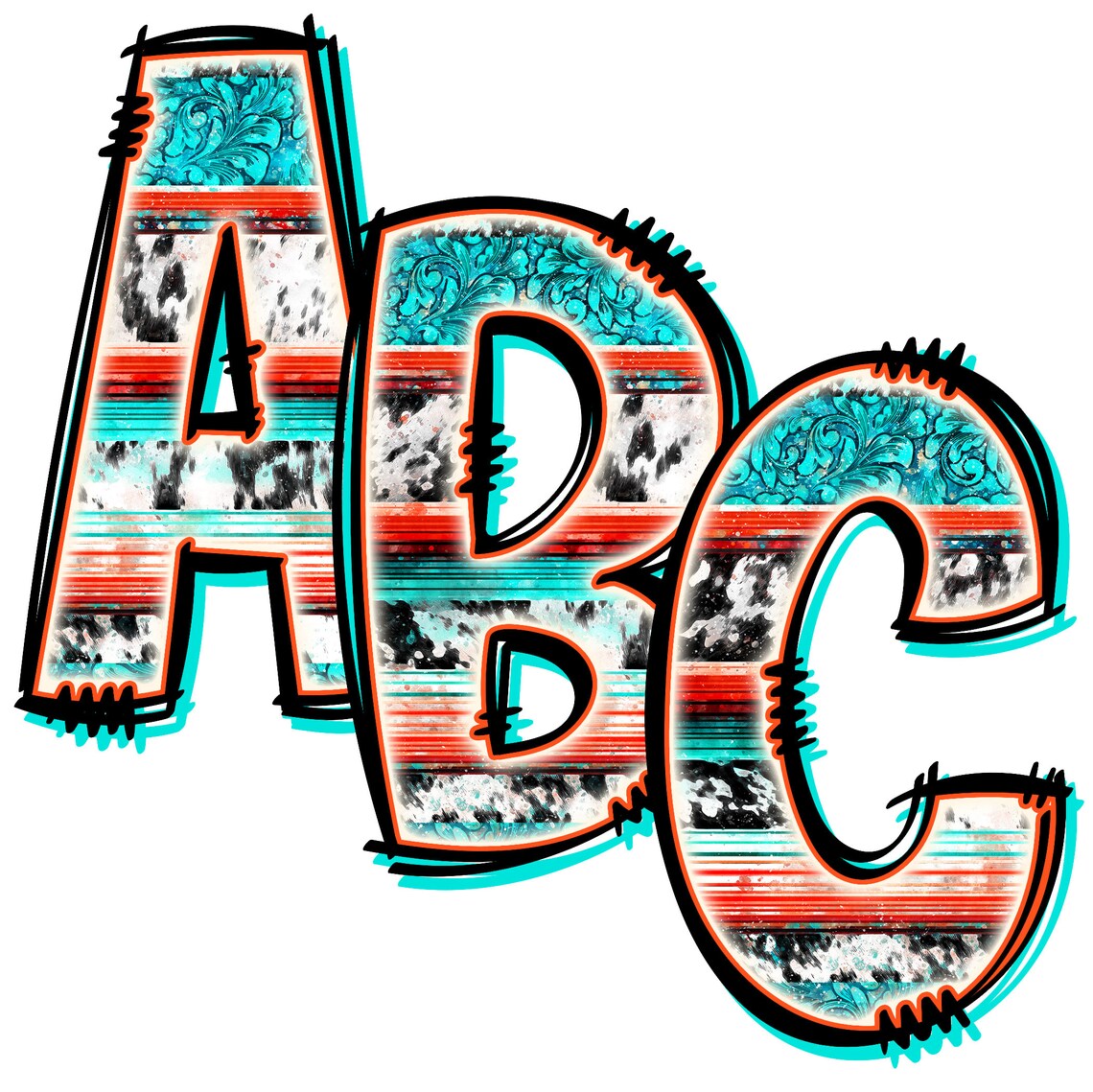 Turquoise Cow Serape Alphabet, Uppercase Lowercase and Numbers, Doodle ...