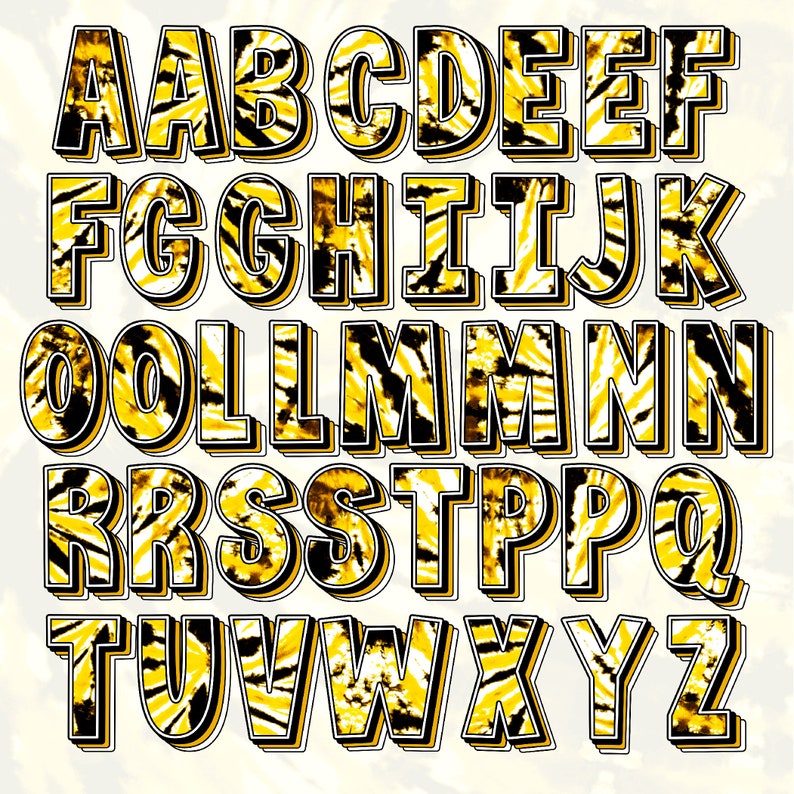 Tiedye Alphabet PNG Black White & Yellow Gold Shadow Letters - Etsy