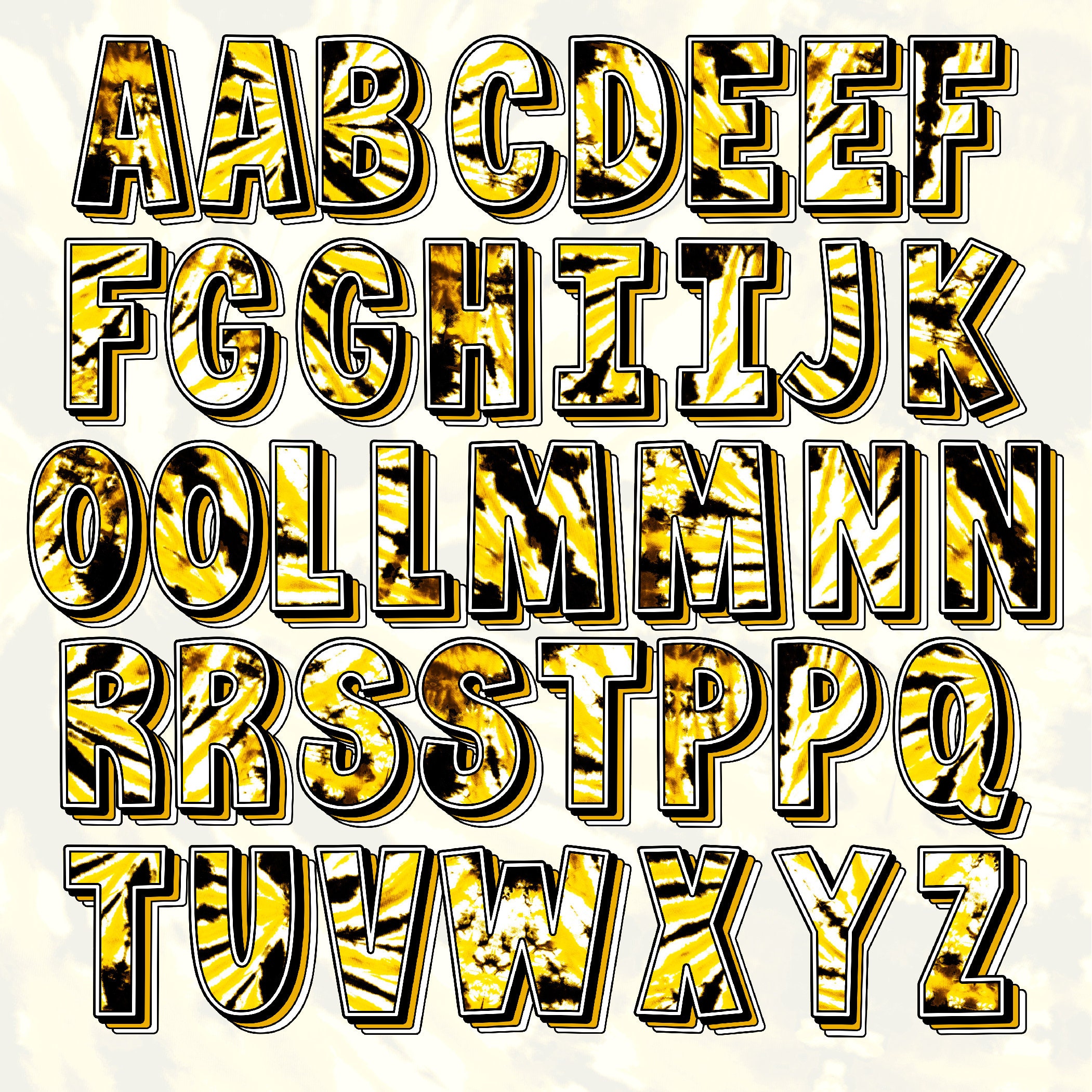 Tiedye Alphabet PNG Black White & Yellow Gold Shadow Letters - Etsy