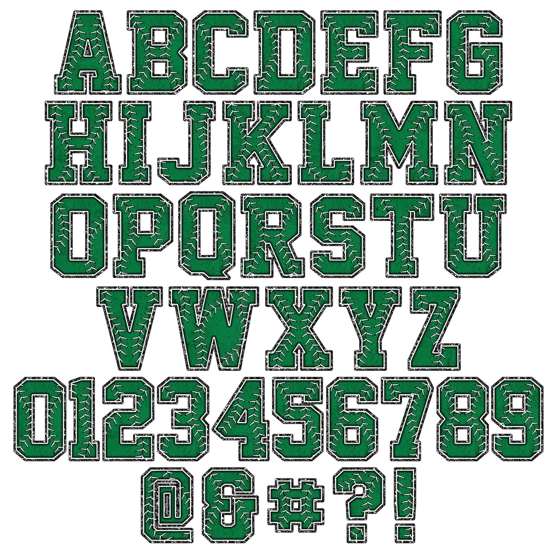Digital Baseball Block Alphabet With Stitch Pattern, Green White Black ...