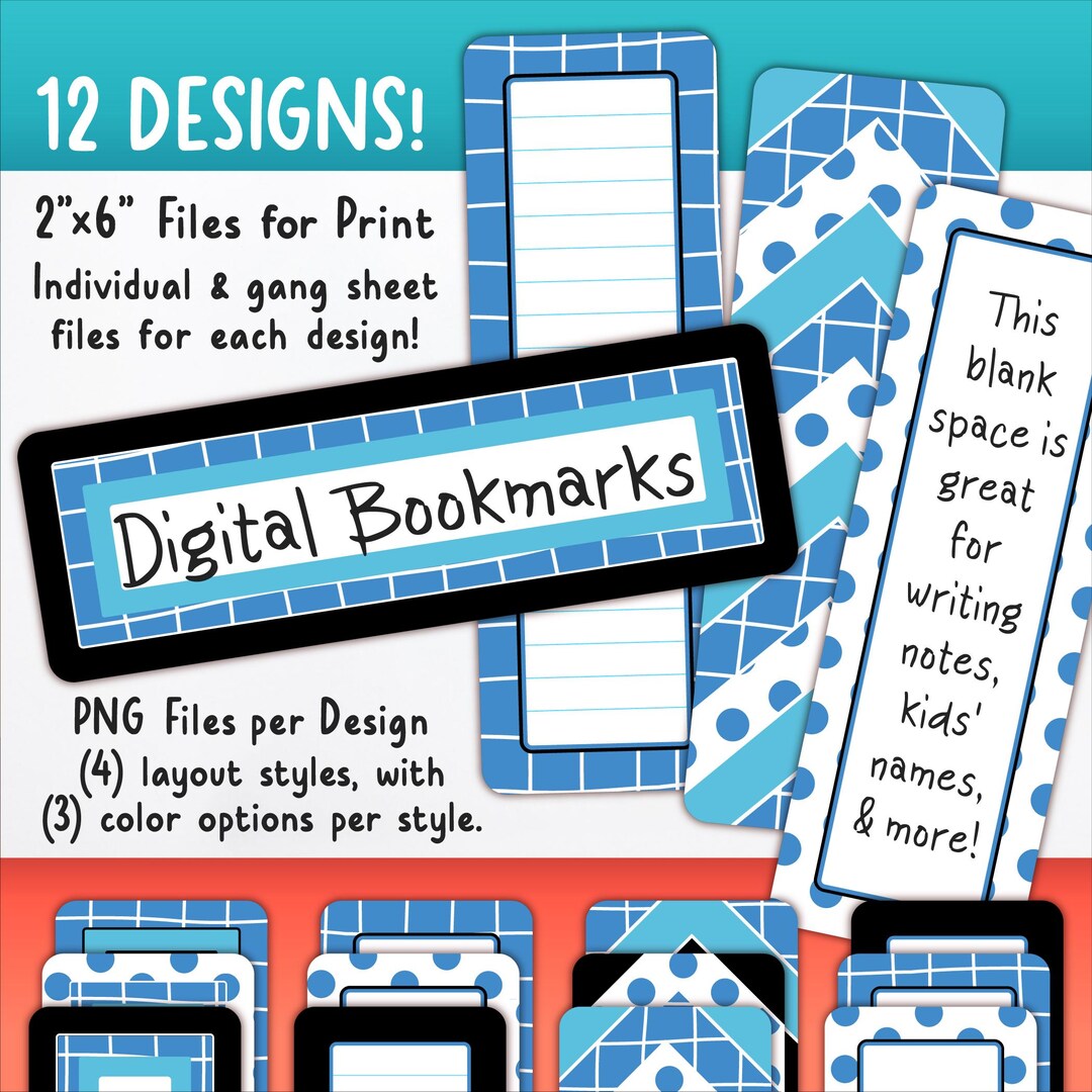 Digital Bookmarks (printable), Clipart Bundle Set of 12 | Lined & Blank ...