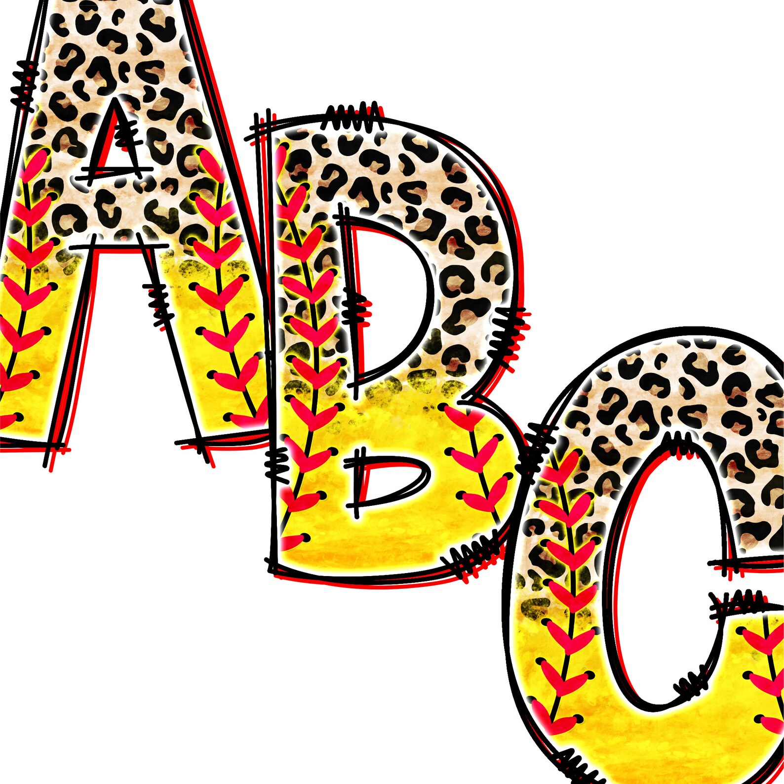 Softball Letters PNG With Leopard and Ball Stitching Background Pattern ...