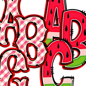 Plaid Watermelon Alphabet PNG Bundle, 2 Sets, Doodle Letters in Pink ...