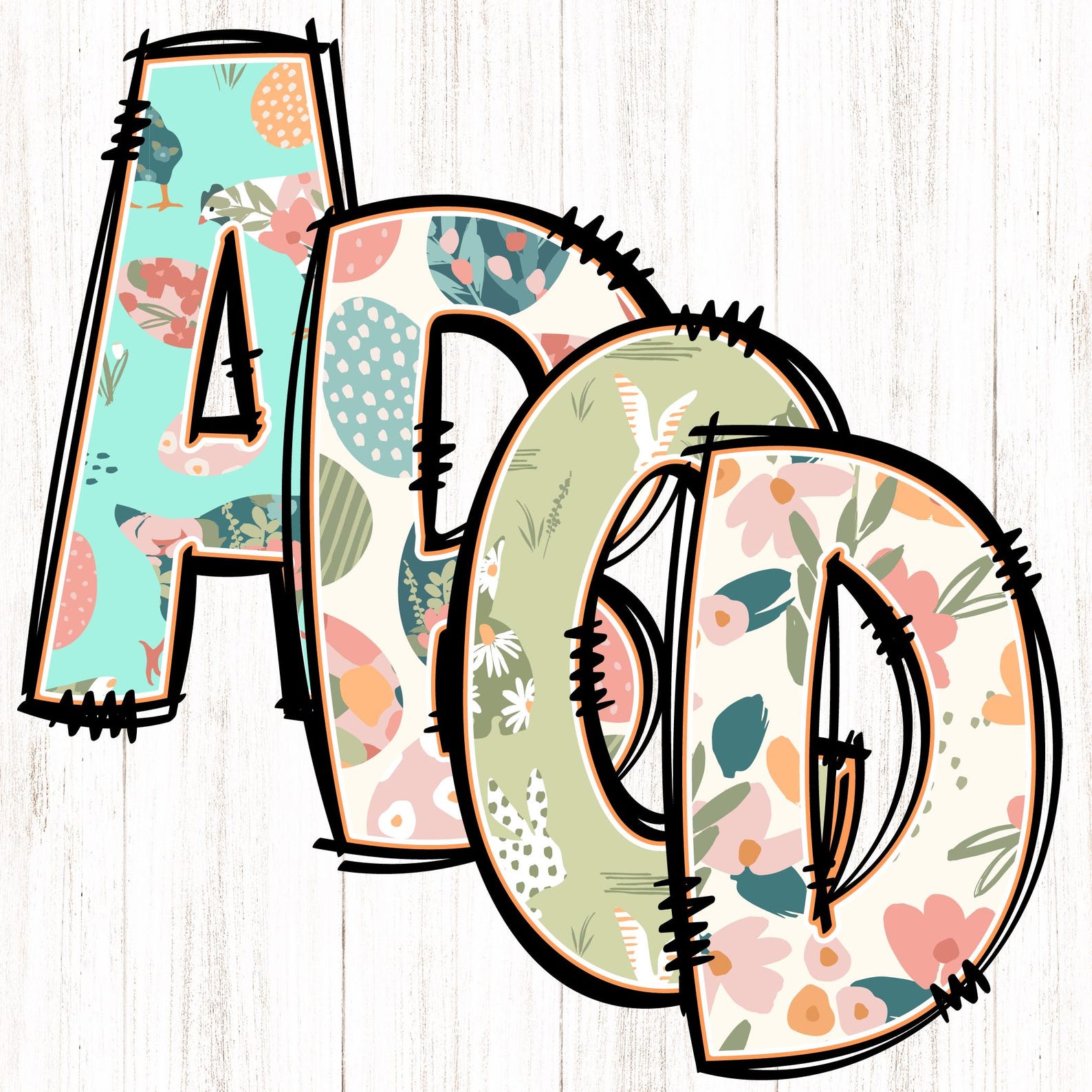 Boho Easter PNG Alphabet Pack, 4 Sets of Boho Spring, Floral, Chick ...