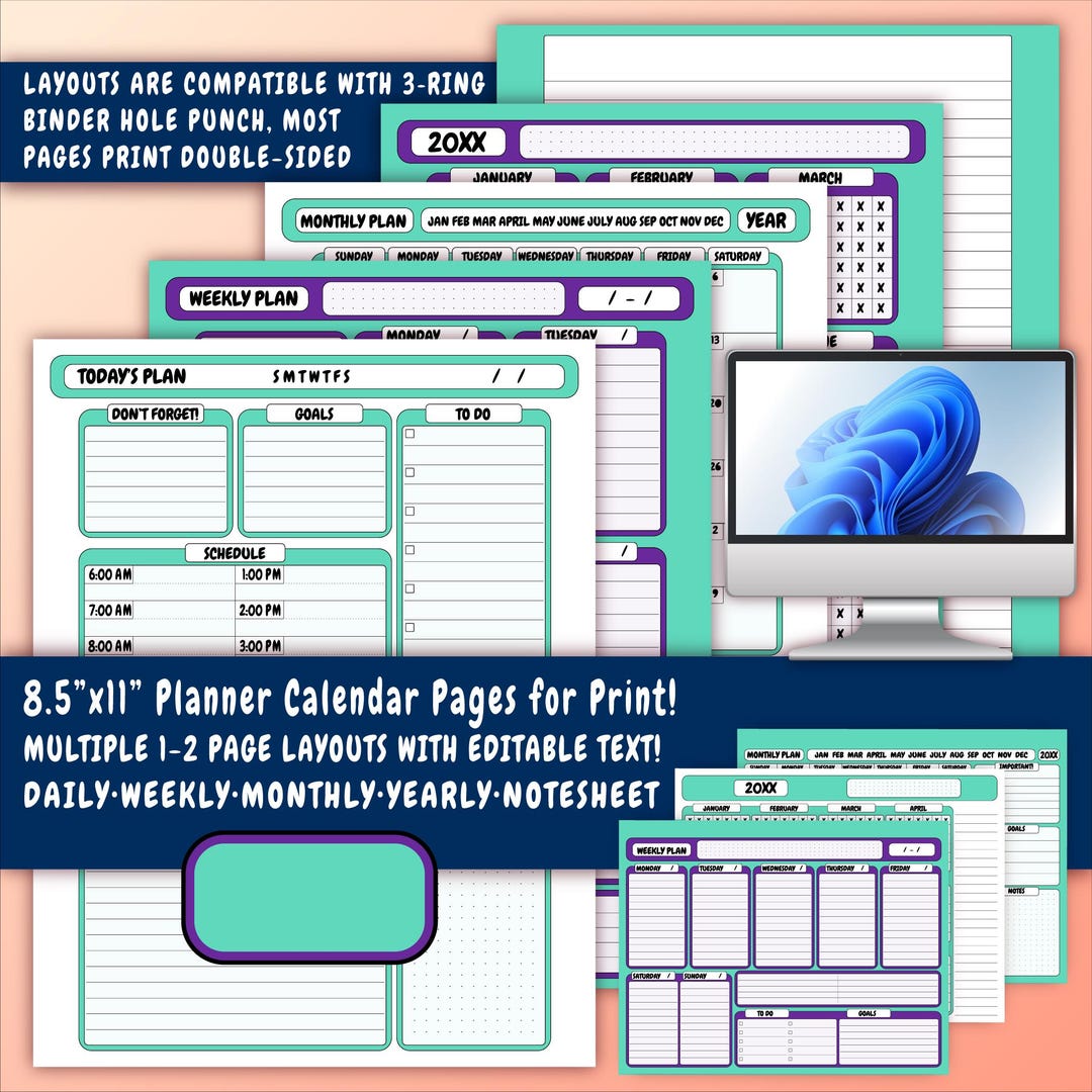 Calendar Pack - Editable Daily | Weekly | Monthly | Yearly | Purple ...