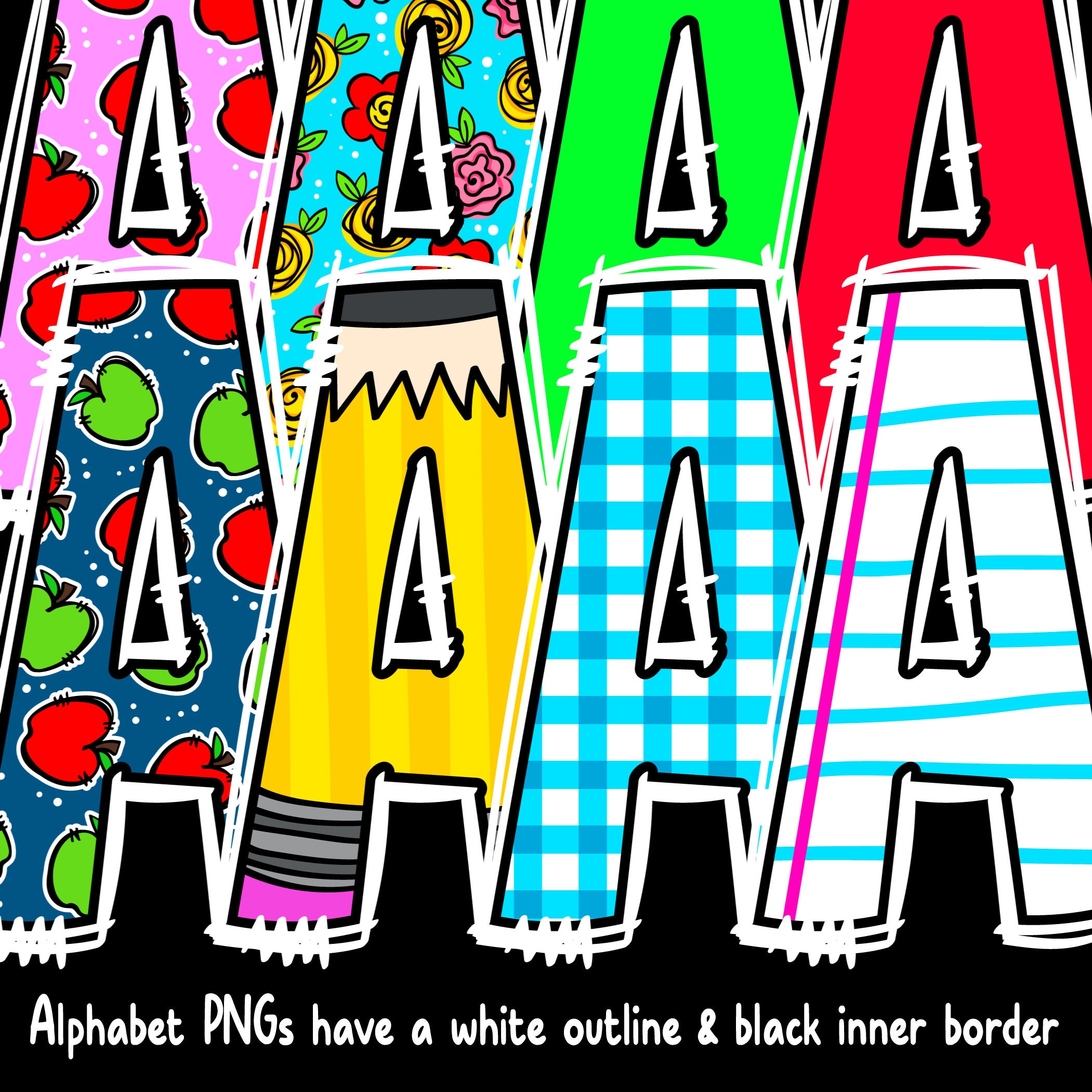 Back to School PNG Alphabet Bundle, 8 Sets, Floral Apple Pencil Note ...