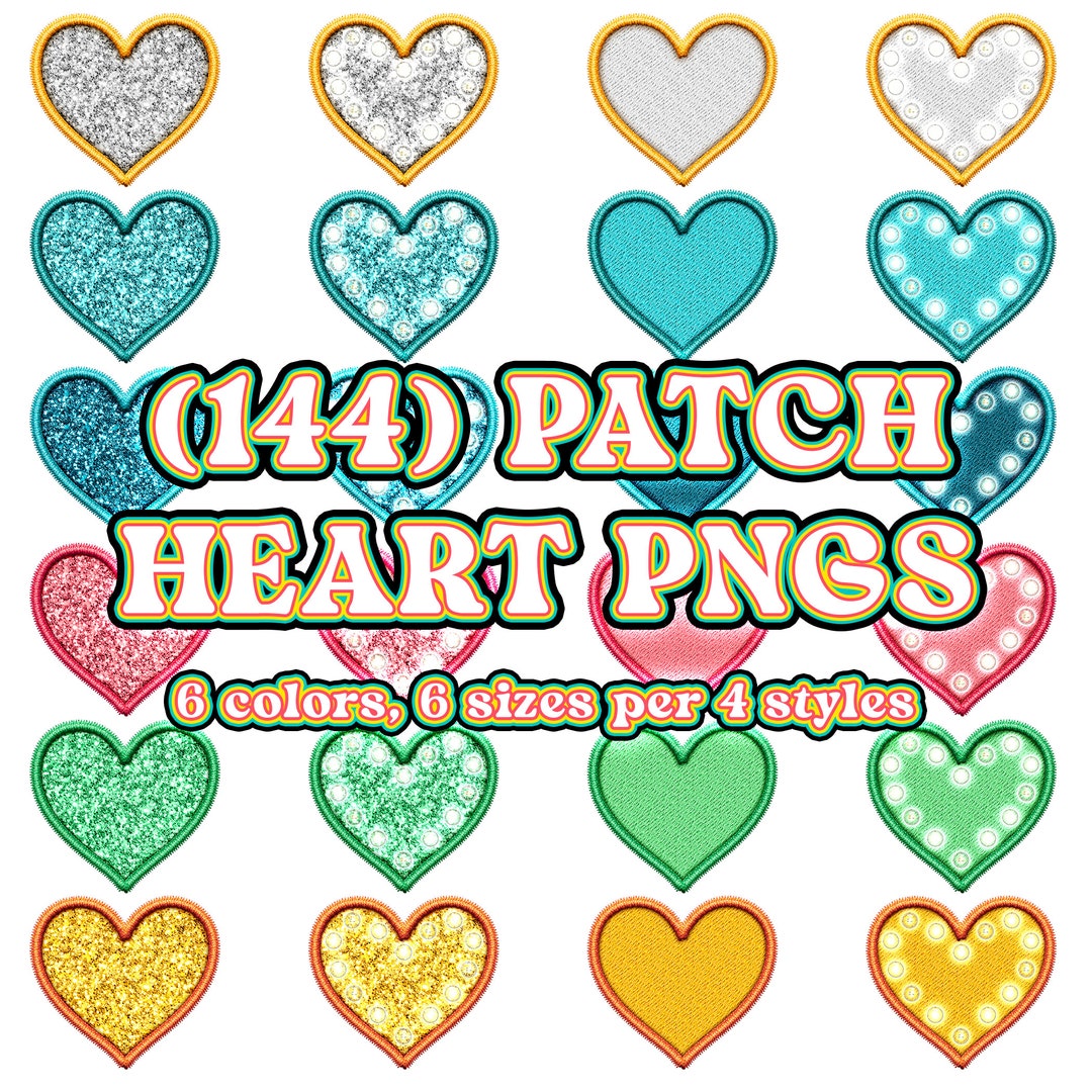 Hearts PNG Bundle, Spring Pastel Marquee Glitter Patch, Faux Embroidery ...