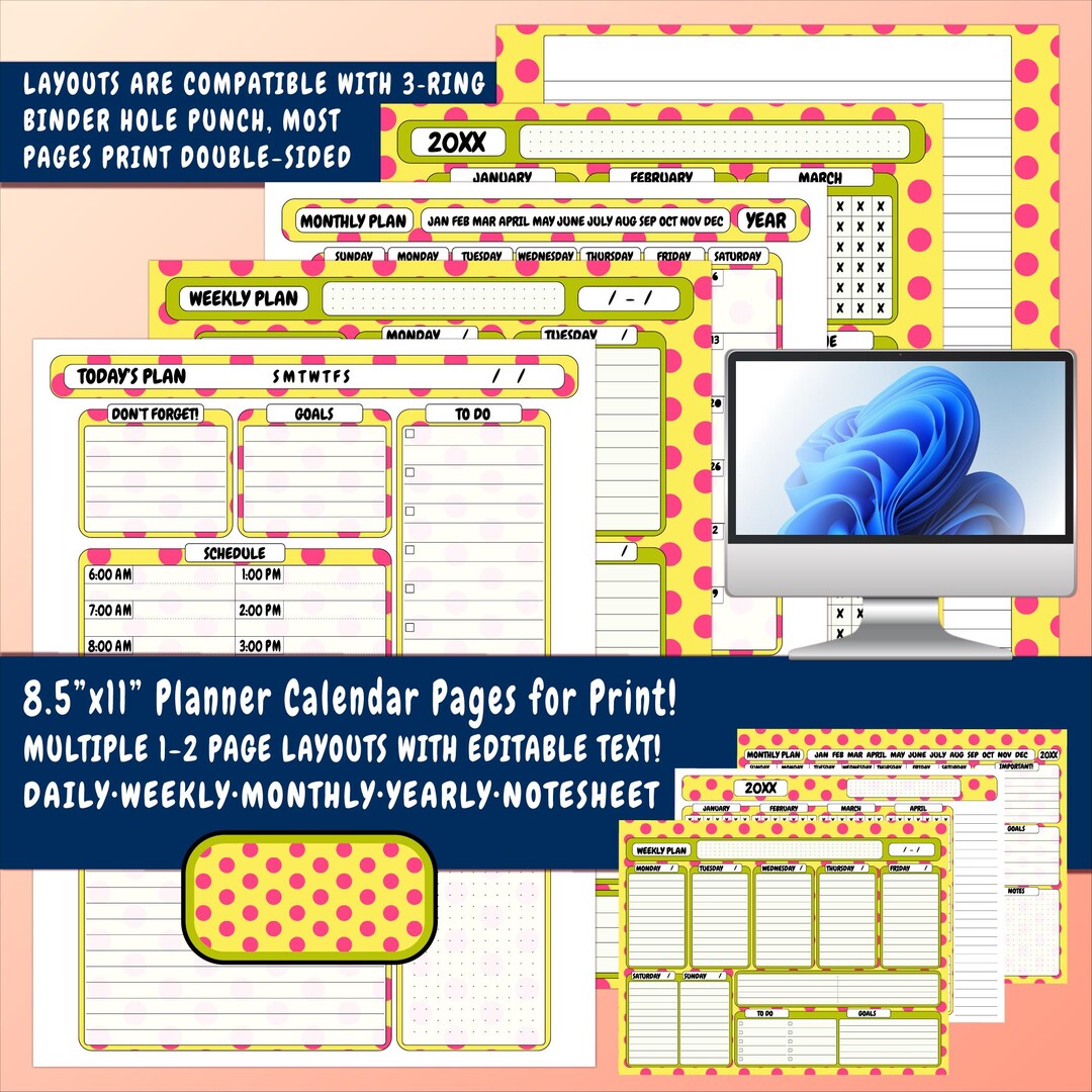 Calendar Pack - Editable Daily | Weekly | Monthly | Yearly | Polka Dots ...