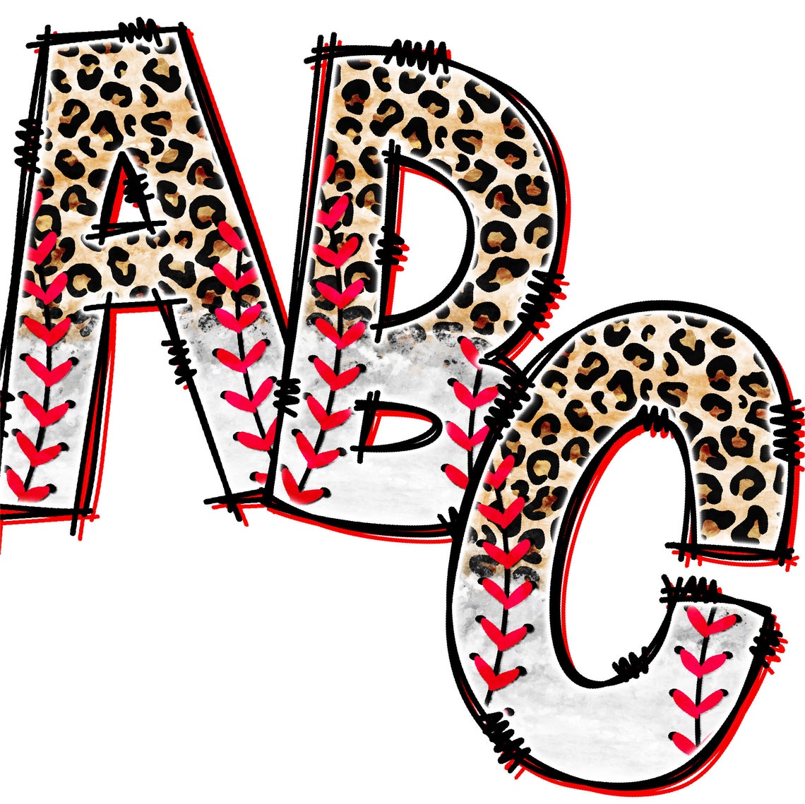 Baseball Letters PNG With Leopard and Baseball Stitching - Etsy
