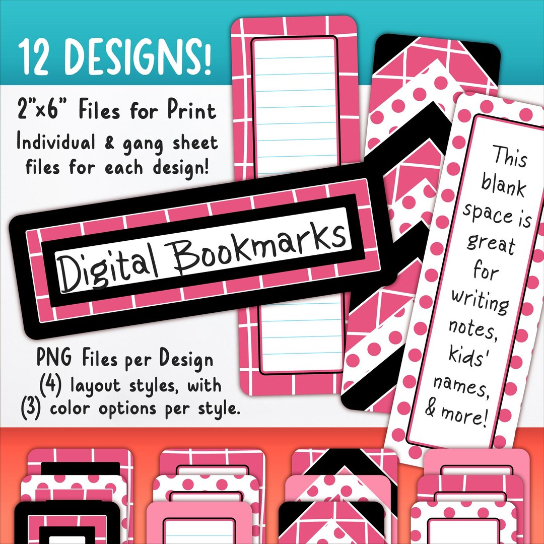 Digital Bookmarks (printable), Clipart Bundle Set of 12 | Lined & Blank ...