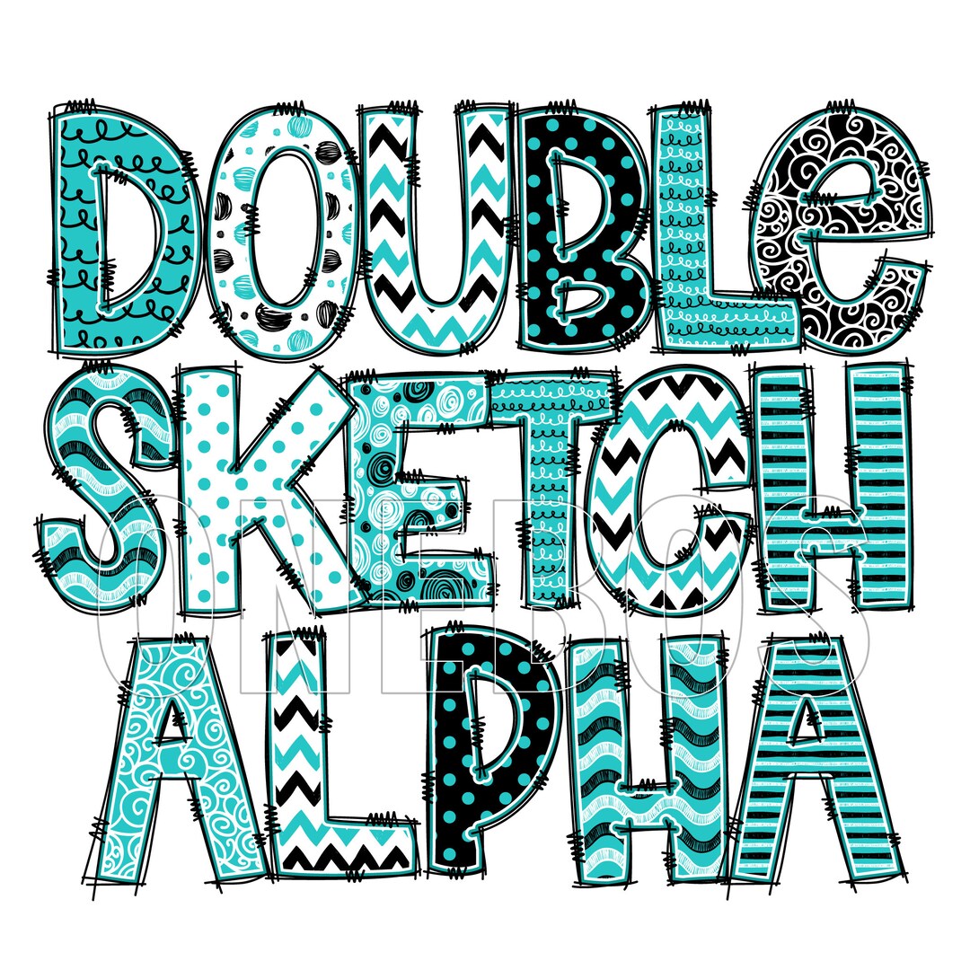 Double Sketch Alphabet PNG Bundle, 2 Alphabets & Number Sets, Teal ...