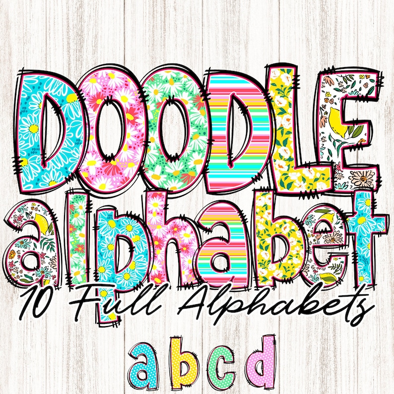 10 PNG Bundle Alphabet Doodle Sets With Floral & Polka Dots - Etsy