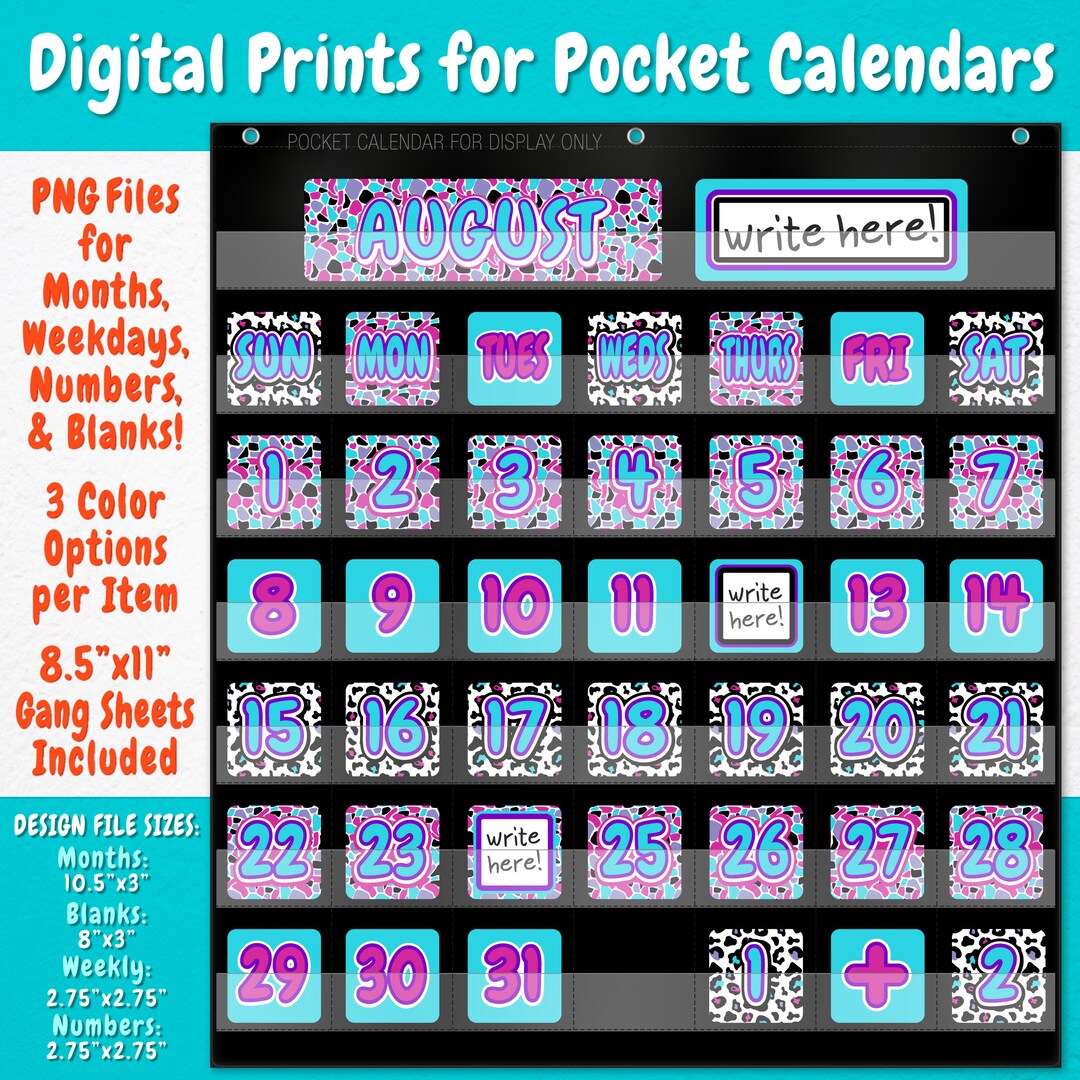 Wall Calendar - Pocket Chart, Purple & Teal Leopard Print and Abstract ...