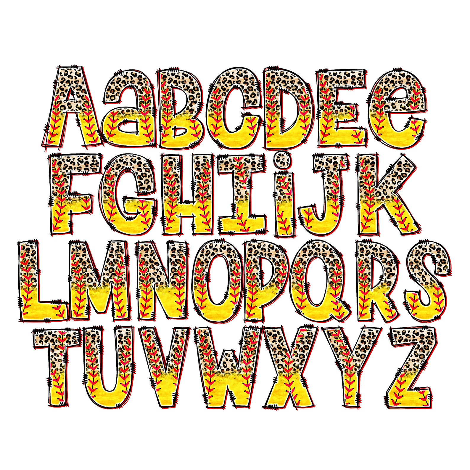 Softball Letters PNG With Leopard and Ball Stitching Background Pattern ...