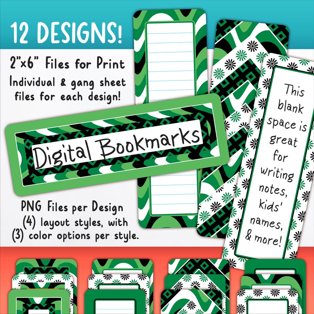 Digital Bookmarks (printable), Clipart Bundle Set of 12 | Lined & Blank ...