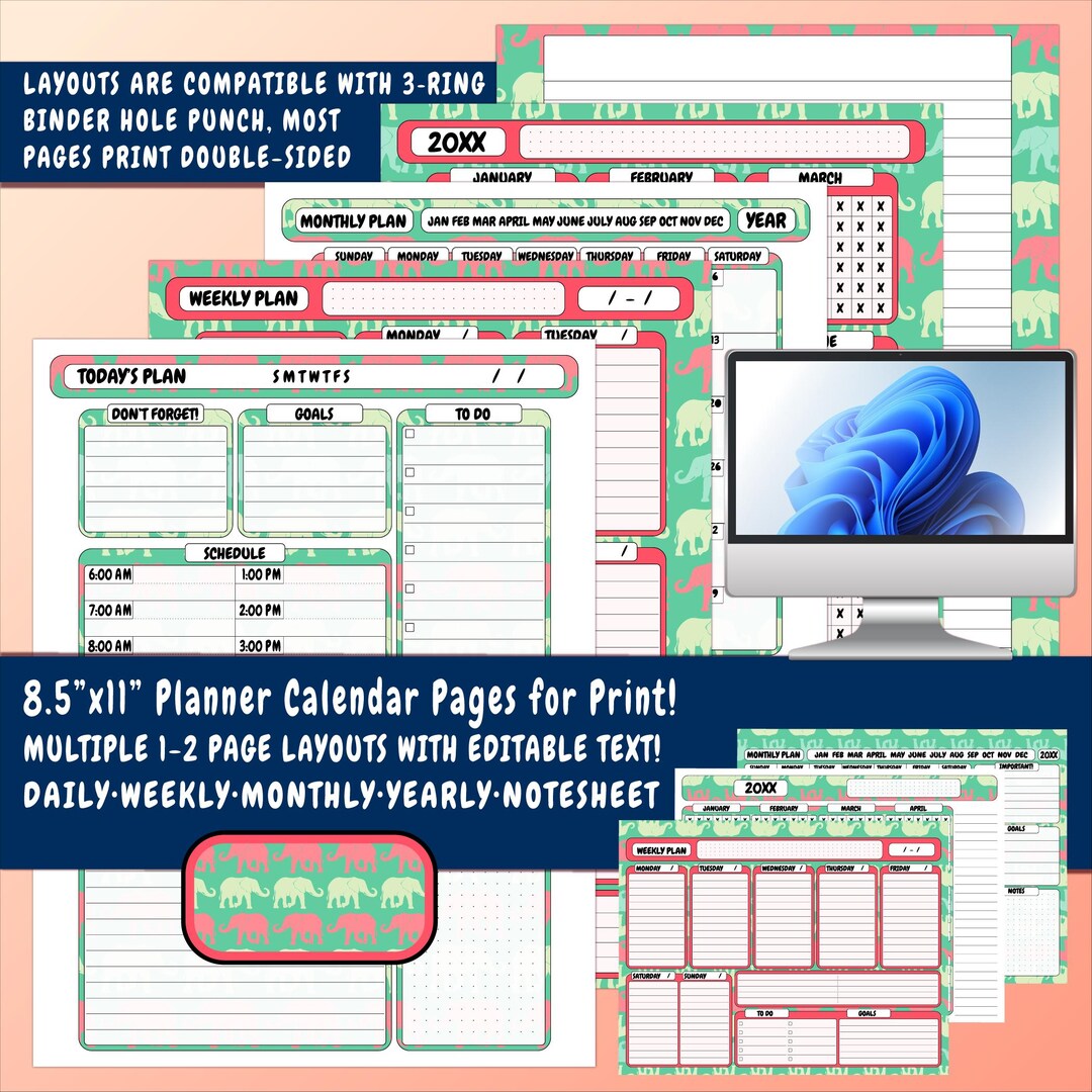 Calendar Pack - Editable Daily | Weekly | Monthly | Yearly | Elephant ...