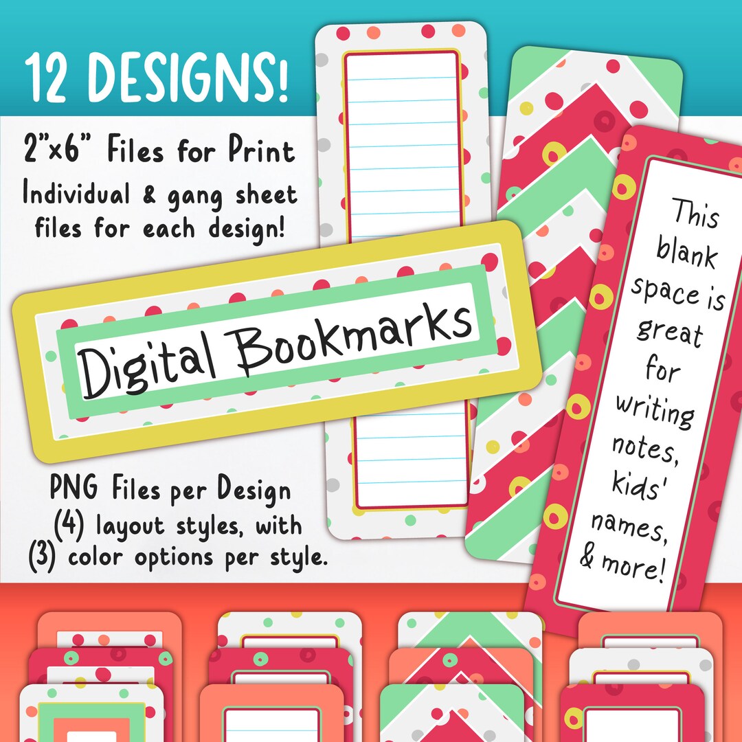 Digital Bookmark Printables, Clipart Bundle Set of 12 | Lined & Blank ...