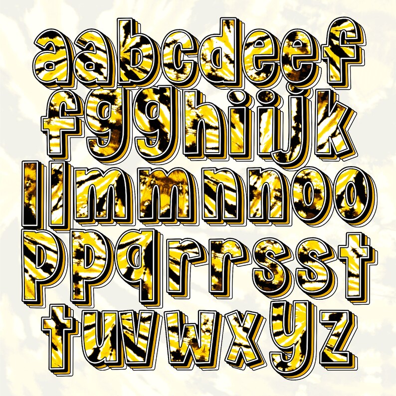 Tiedye Alphabet PNG Black White & Yellow Gold Shadow Letters - Etsy