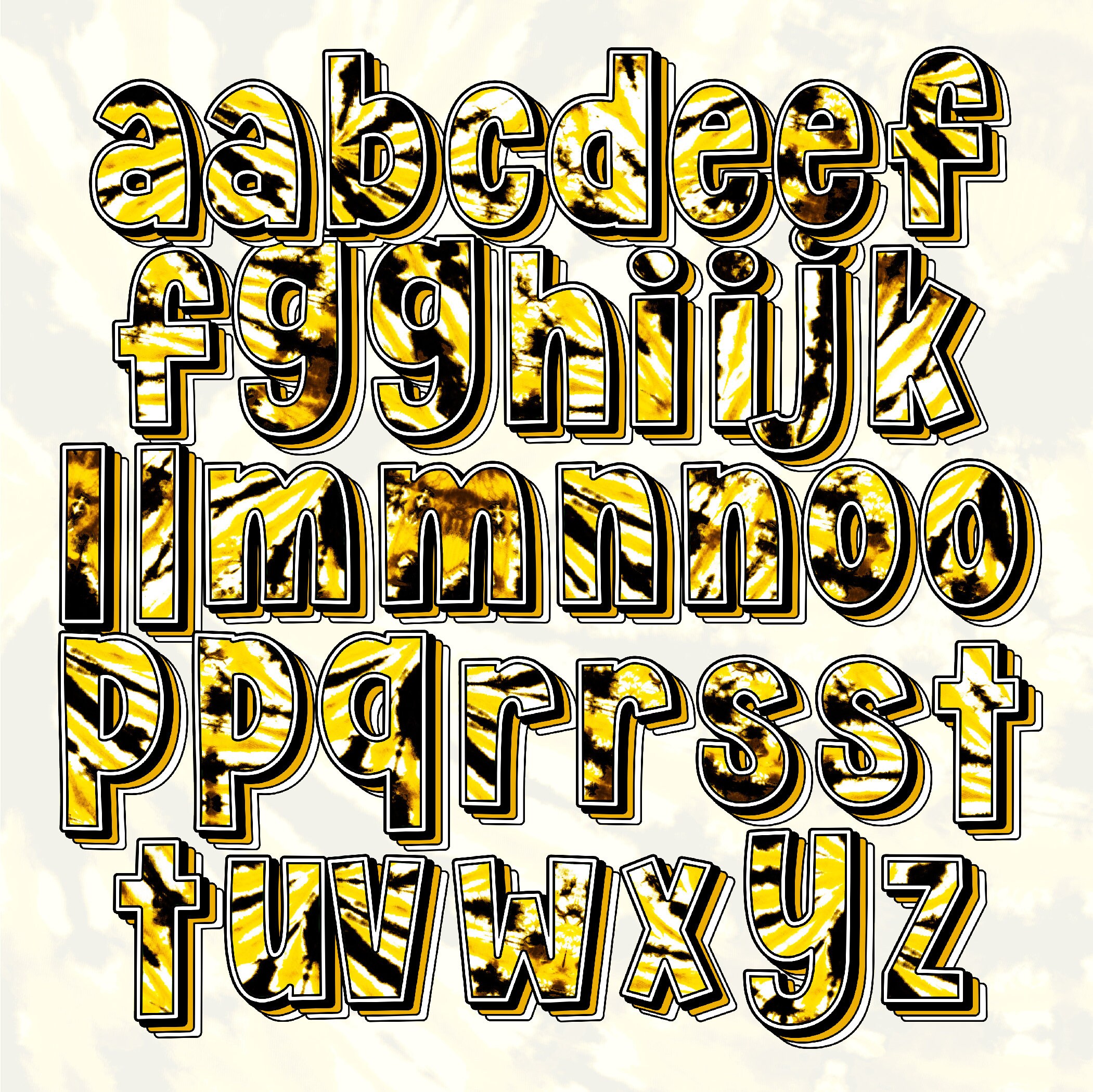 Tiedye Alphabet PNG Black White & Yellow Gold Shadow Letters - Etsy