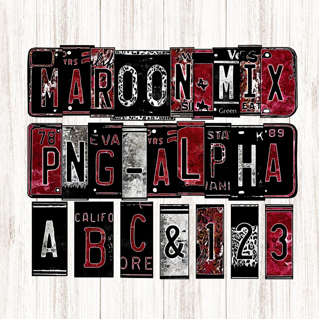 Maroon License Plate Alphabet, Mix Match Letters, Grunge & Leopard ...