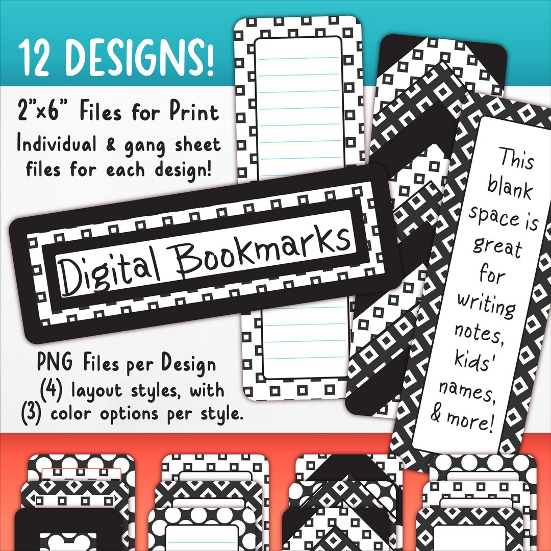 Digital Bookmarks (printable), Clipart Bundle Set of 12 | Lined & Blank ...