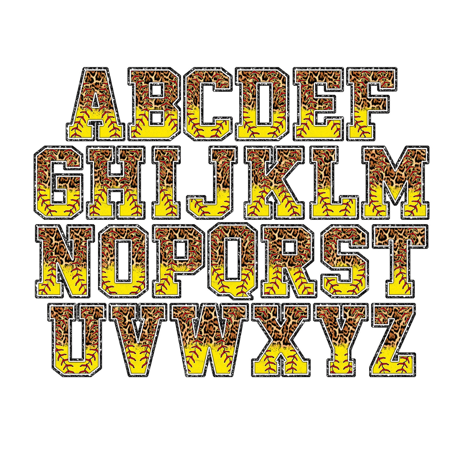 Softball Letters PNG With Leopard and Ball Stitching Background Pattern ...