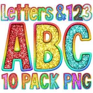 Digital Glitter PNG Alphabets, 10 Pack Bundle Faux Embroidery Classic ...