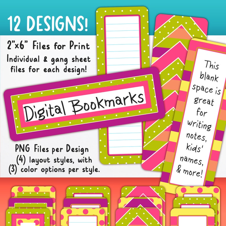 Digital Bookmarks (printable), Clipart Bundle Set of 12 | Lined & Blank ...