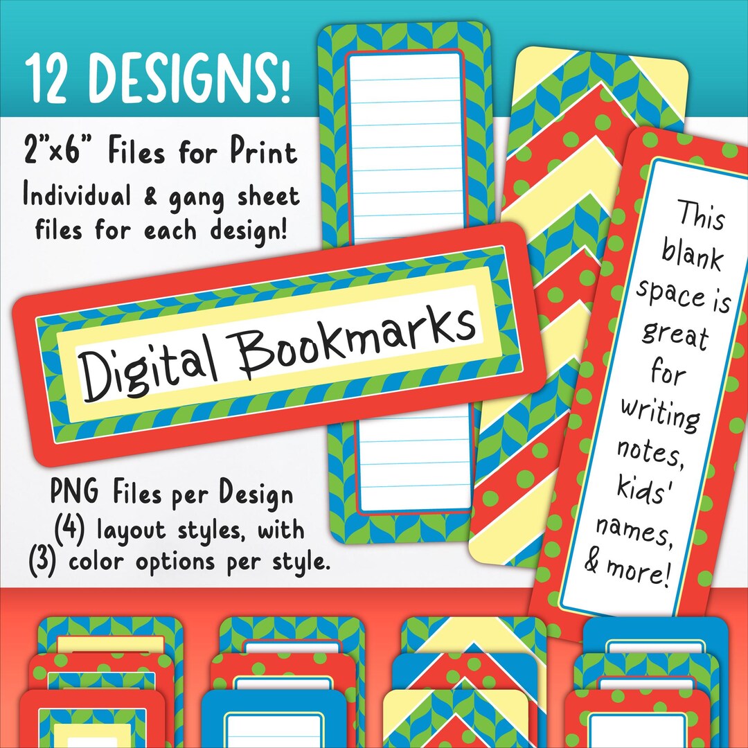 Digital Bookmarks (printable), Clipart Bundle Set of 12 | Lined & Blank ...