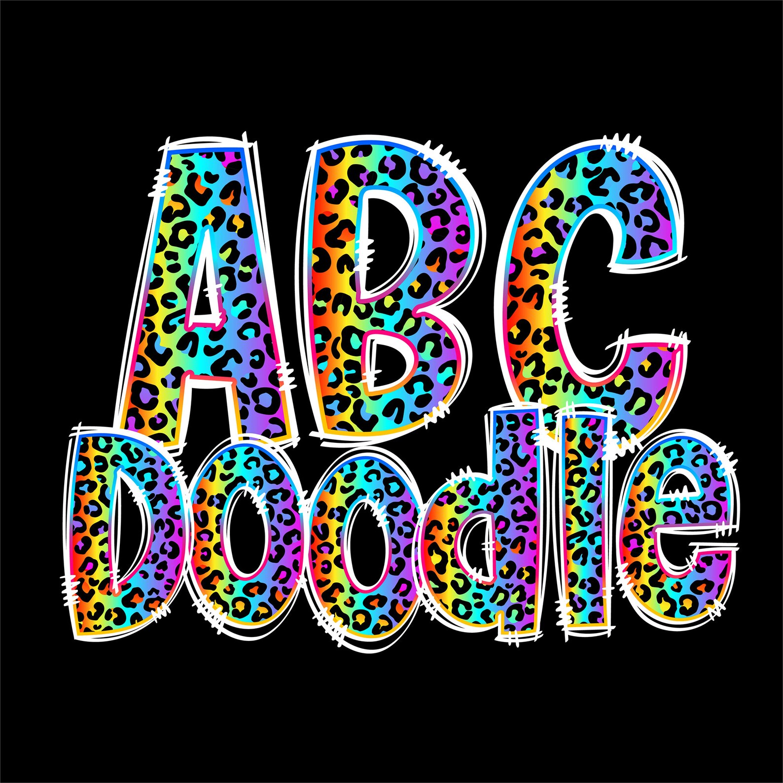 Rainbow Leopard Alphabet With White Outline, Doodle Letters Leopard ...