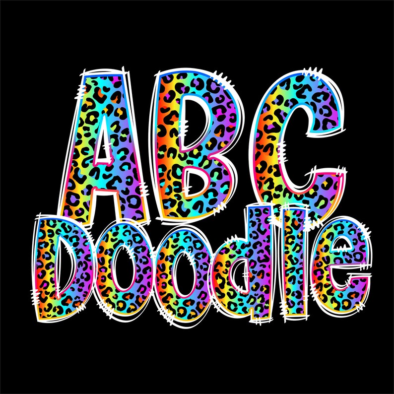 Rainbow Leopard Alphabet With White Outline Doodle Letters - Etsy