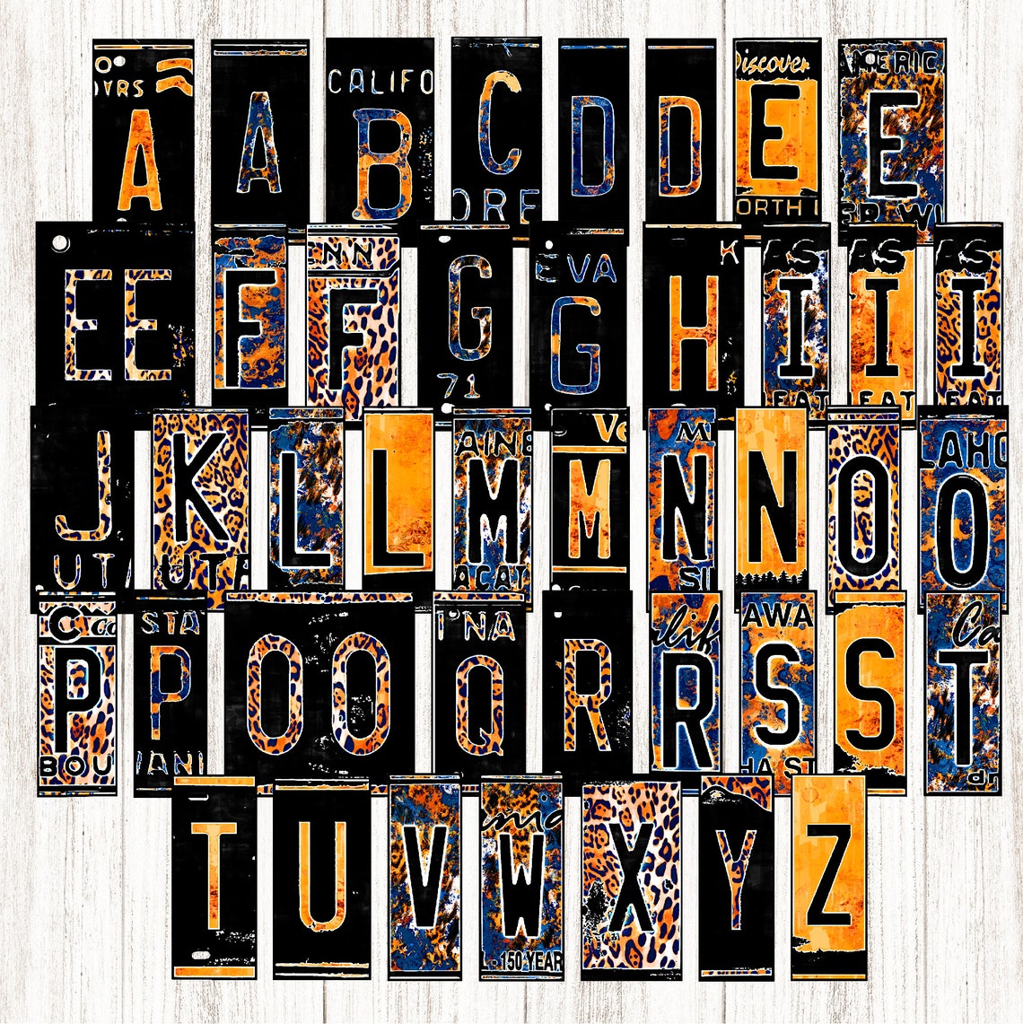 Navy Blue & Orange License Plate Alphabet, Mix Match Letters, Grunge ...