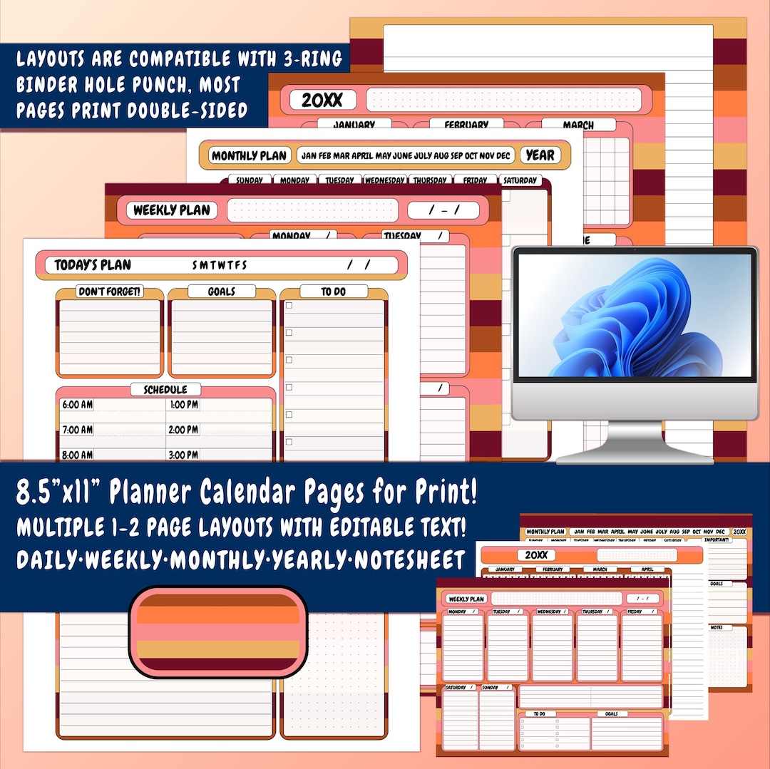 Calendar Pack - Editable Daily | Weekly | Monthly | Yearly | Stripes ...