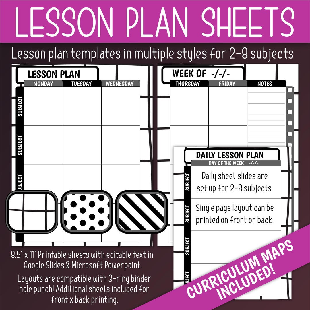 Lesson Plan Sheets & Curriculum Maps (editable) | Black, White, Ink ...
