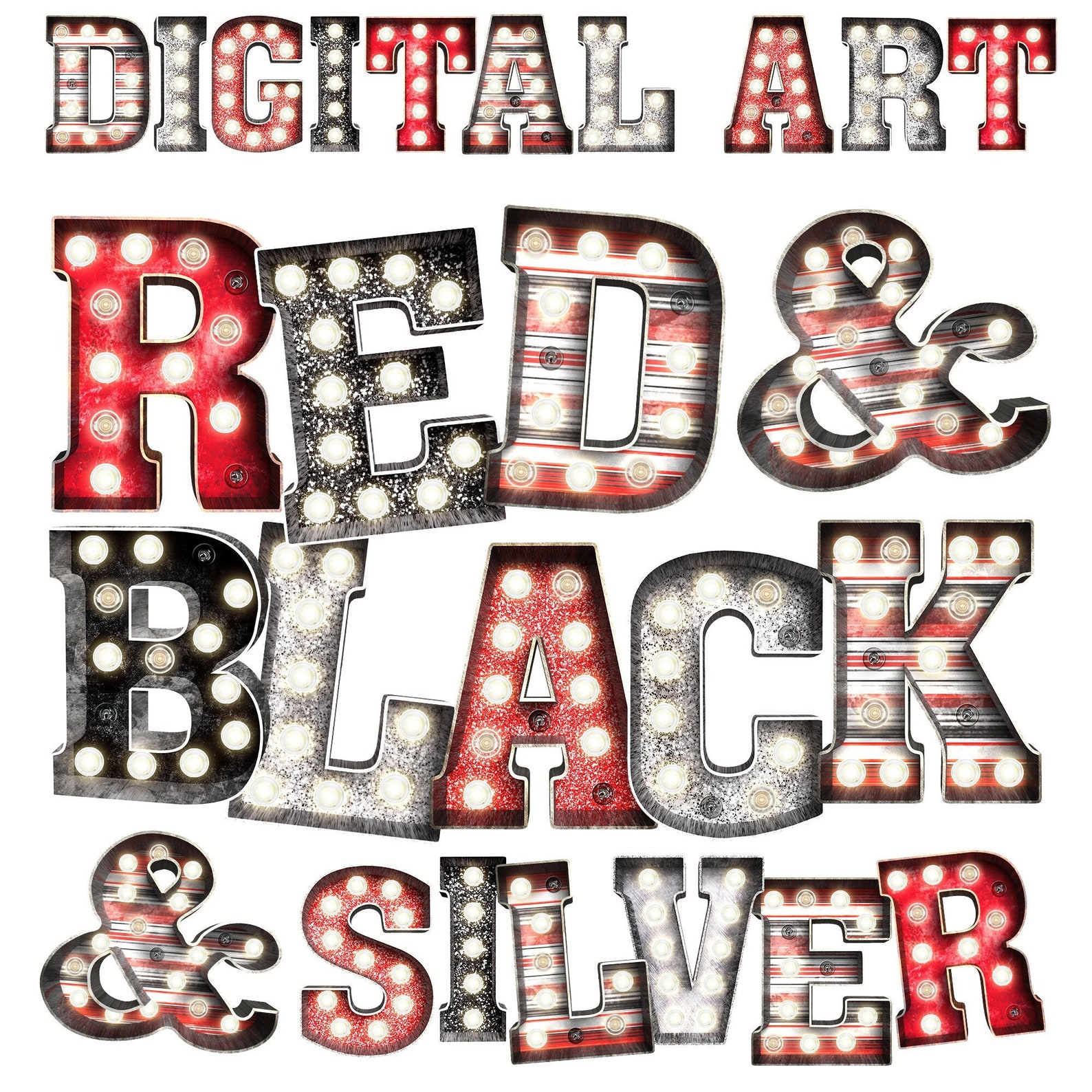 Digital Download Red Black Silver Mix Marquee Letters & - Etsy