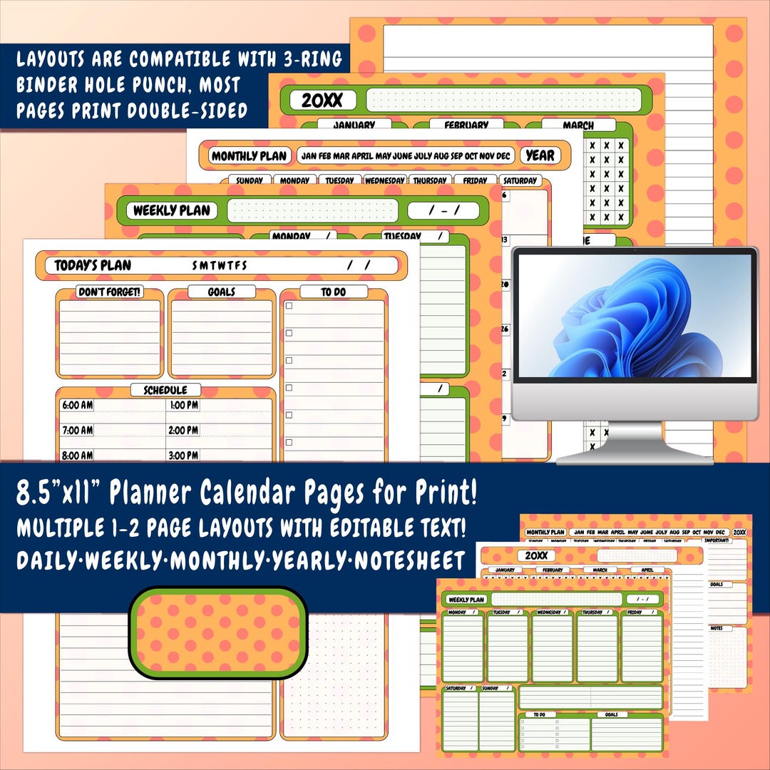 Calendar Pack - Editable Daily | Weekly | Monthly | Yearly | Polka Dots ...