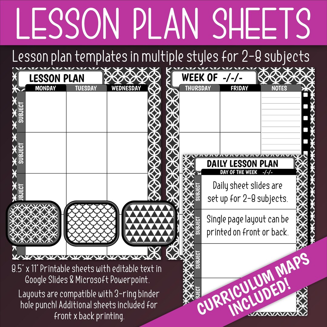 Lesson Plan Sheets & Curriculum Maps (editable) | Black, White, Ink ...