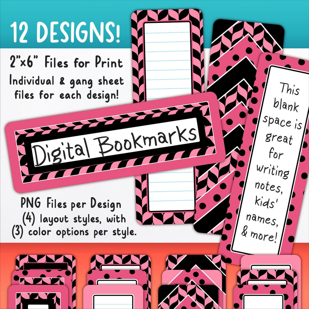 Digital Bookmarks (printable), Clipart Bundle Set of 12 | Lined & Blank ...