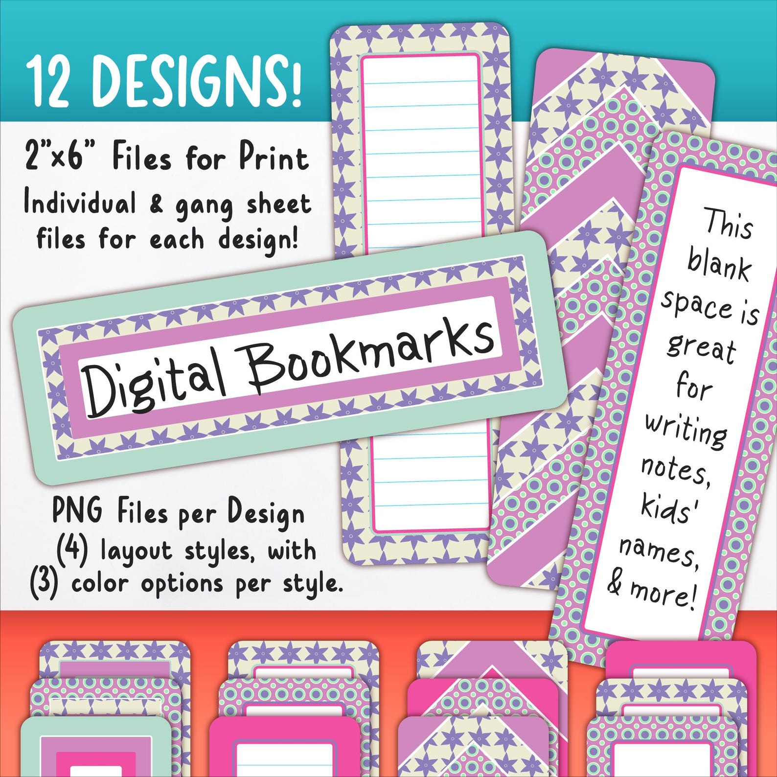 Digital Bookmarks (printable), Clipart Bundle Set of 12 | Lined & Blank ...