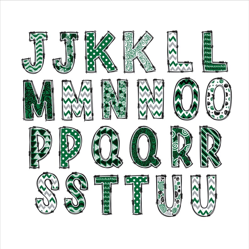 Double Sketch Alphabet PNG Bundle, 2 Alphabet Sets, Kelly Green Black ...