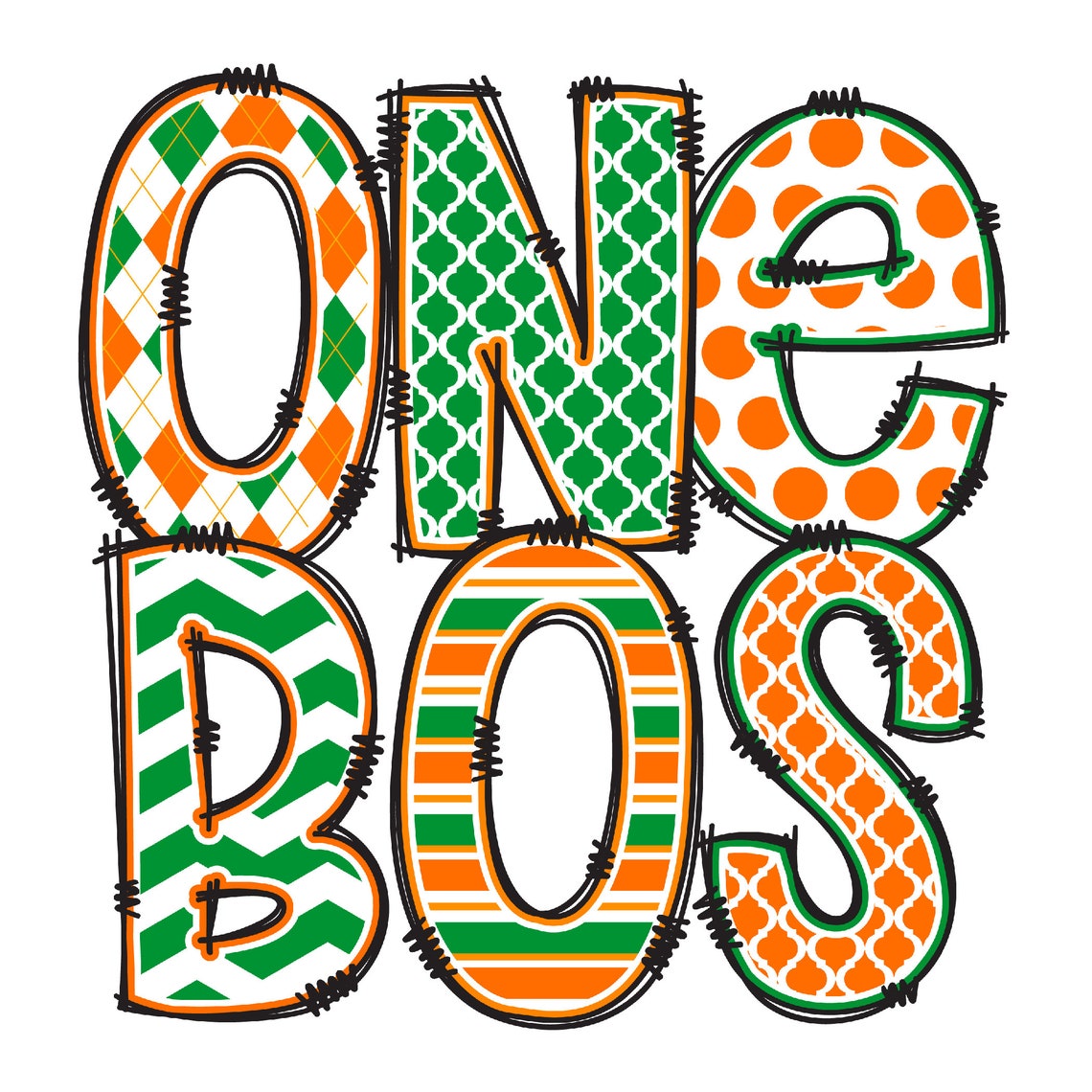 March Alphabet, 8 Set Bundle, Doodle Letters, Green & Orange Pattern ...