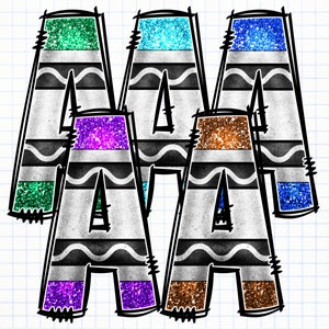 Glitter Crayons Alphabet Bundle, 14 PNG Sets, Rainbow Silver Digital ...